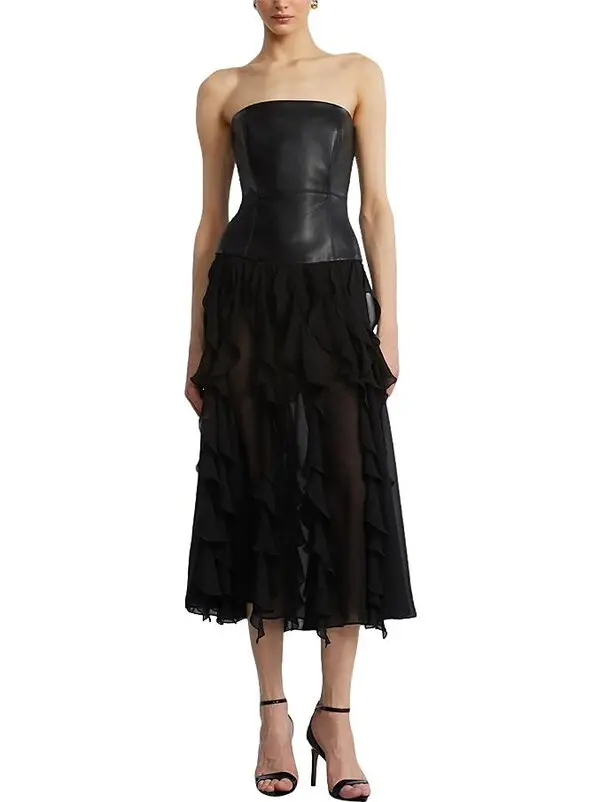 Bcbgmaxazria Leather Chiffon Dress - Black