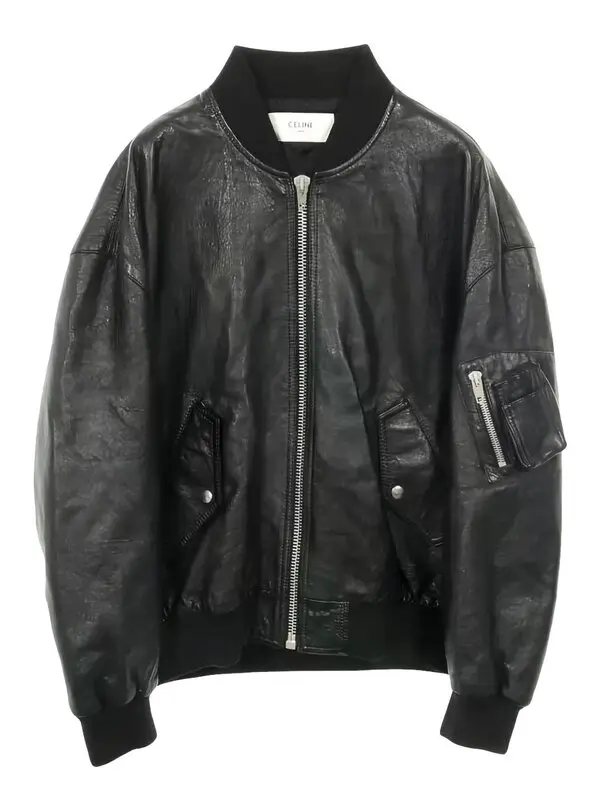 Celine 2010s Logo Studs Leather Bomber Jacket - Black