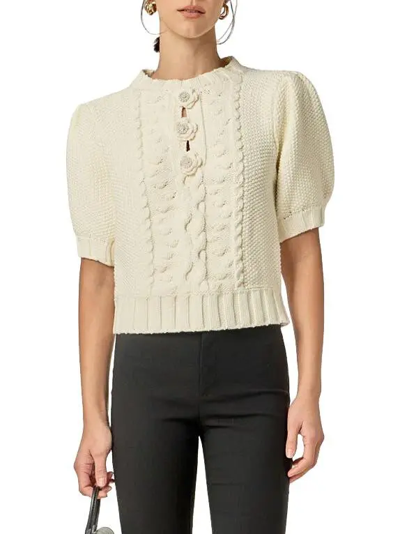 English Factory Cable Stitch Puff Sleeve Cardigan - Off White