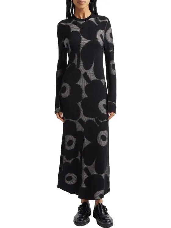 Marimekko Laatia Unikko Long Sleeve Rib Wool Blend Sweater Dress - Black Light Pink