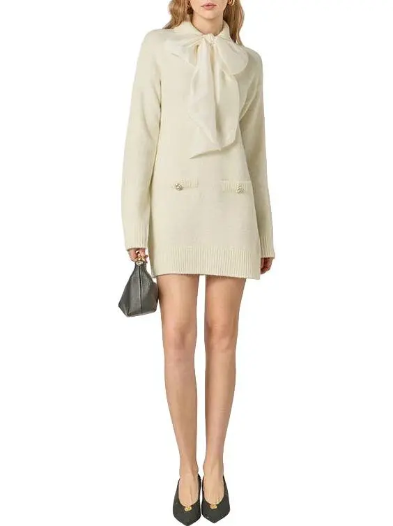 English Factory Detachable Bow Long Sleeve Sweater Minidress - Cream