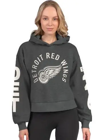 STARTER Detroit Red Wings Star Player Cropped Fleece Hoodie - Heather Charcoal