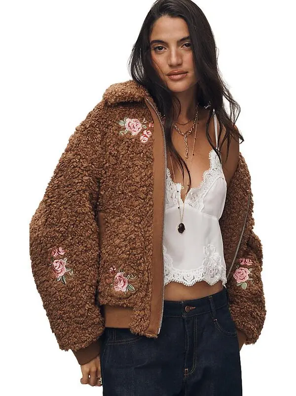 Anthropologie Floral Embroidered Sherpa Bomber Jacket - Neutral