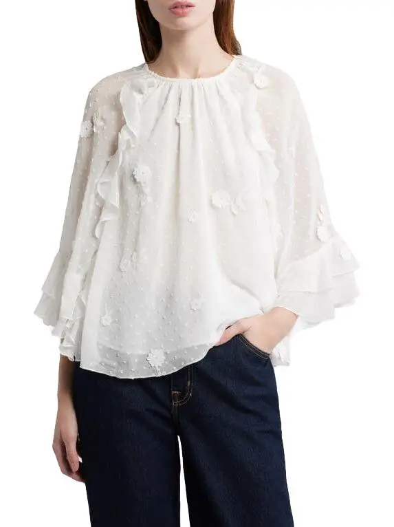 Treasure & Bond Floral Appliqué & Clip Dot Chiffon Top - White