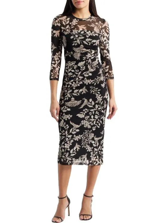 Anne Klein Floral Side Ruched Mesh Midi Dress - Anne Black Multi