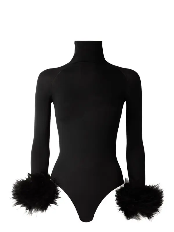 Alaïa Shearling-trimmed Stretch-jersey Turtleneck Bodysuit - Black