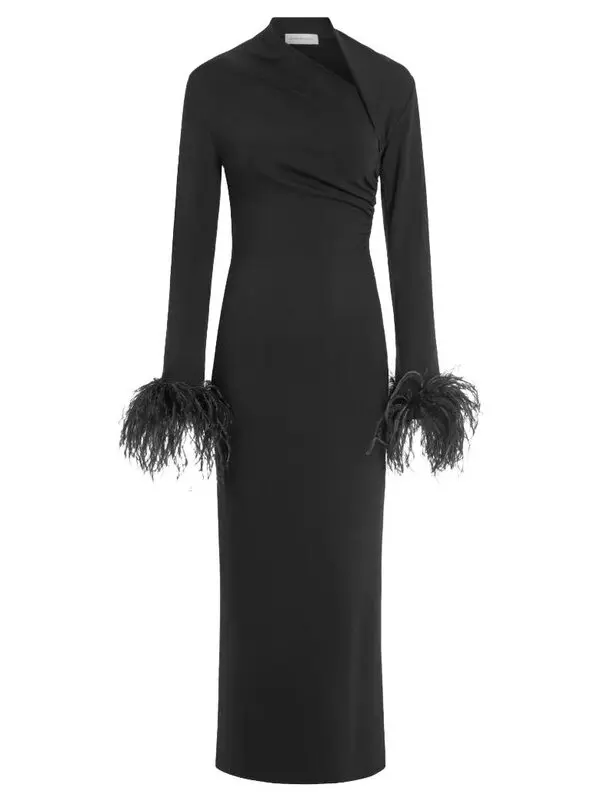 16Arlington Feather-trim Midi Dress - Black