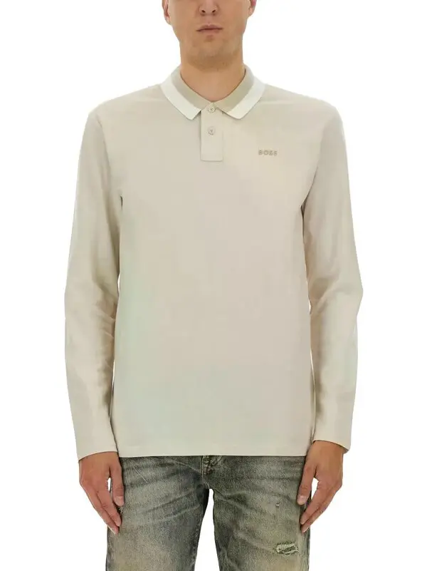 BOSS Long Sleeve Pique Polo Shirt - Neutrals