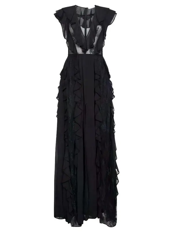 ALINA V-neck Ruffled Maxi Dress - Black