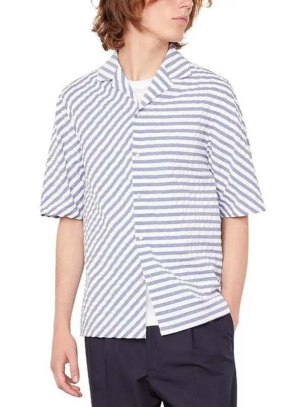 Officine Générale Eren Short Sleeve Cotton Striped Patchwork Shirt - White/indigo