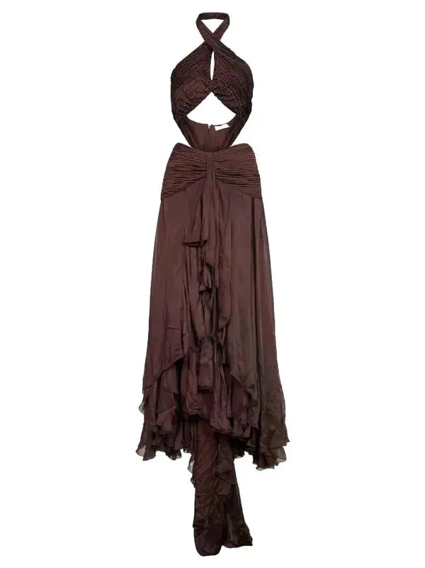 ALINA Pleated Asymmetric Dress - Brown