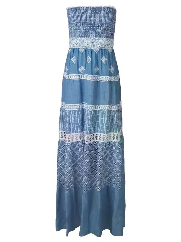 Temptation Positano Shirred Lace Strapless Dress - Blue