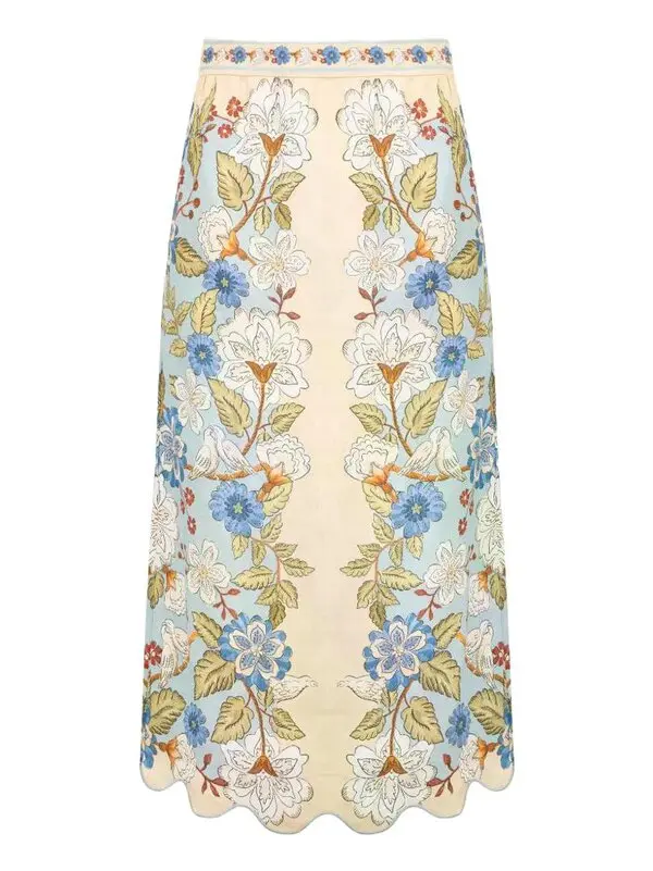 Farm Rio Floral Print Midi Skirt - Blue