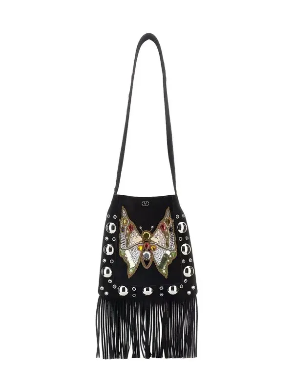 Valentino Garavani Eyelet-embellished Fringe-trim Shoulder Bag - Black