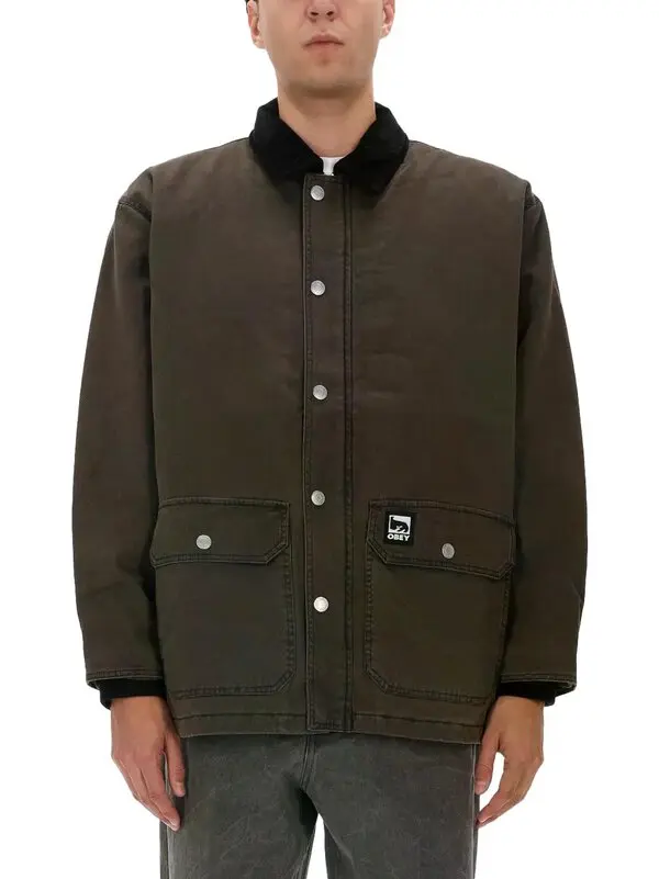 Obey Logo-patch Jacket With Corduroy-collar - Green