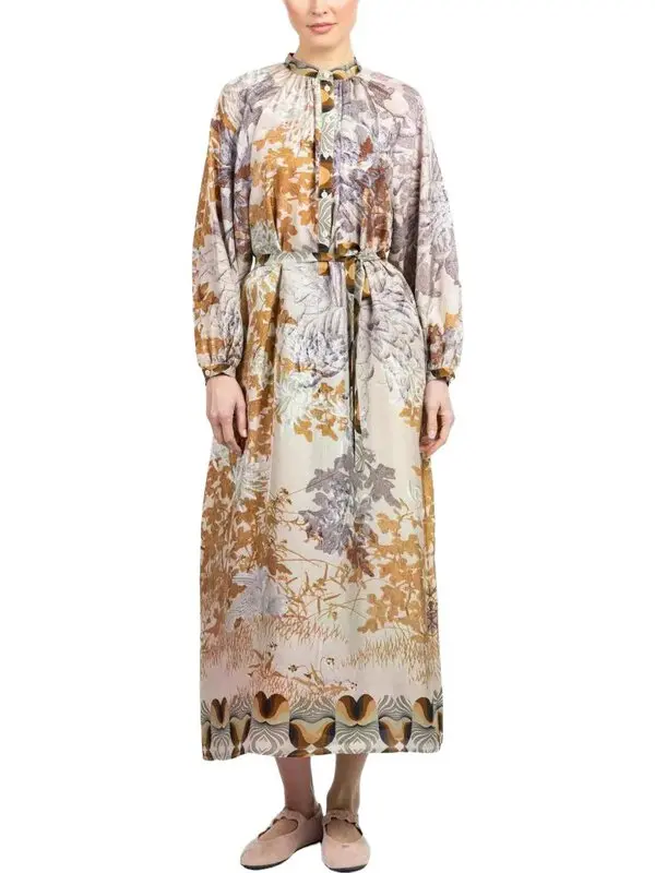 PIERRE-LOUIS MASCIA Floral-print Long-sleeve Dress - Neutrals