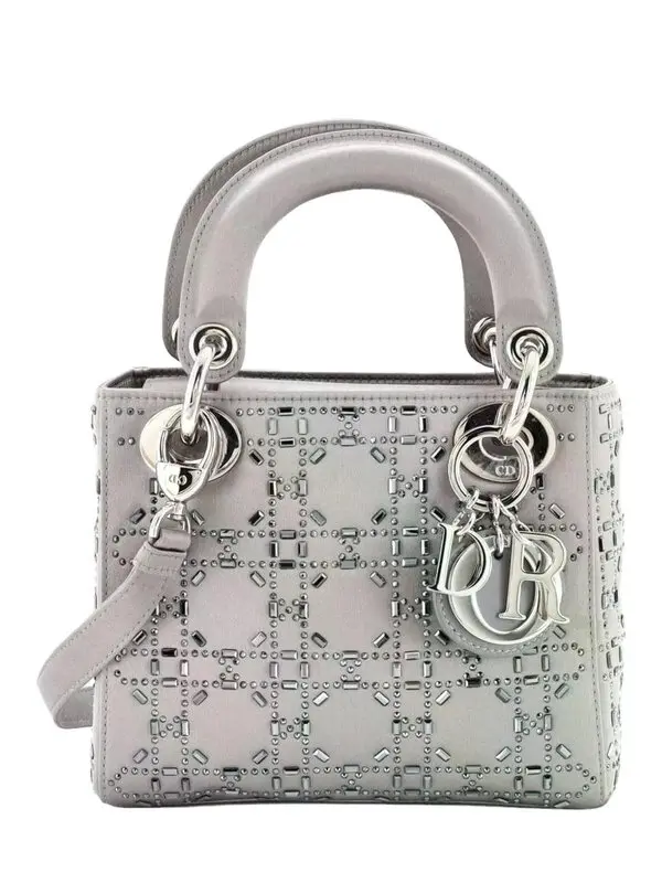 Dior Lady Mini Satchel Cannage Quilt Crystal Embellished - Grey