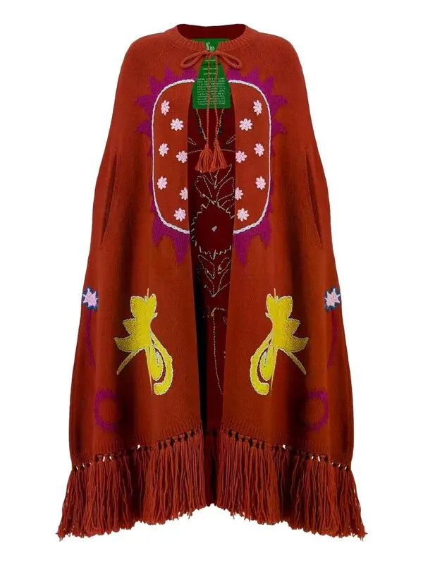 PAULA Hand-embroidered Fringe Cape - Orange