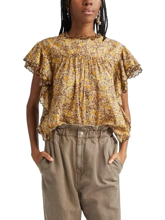 Isabel Marant Daliyane Floral Ruffle Cotton Top - Khaki