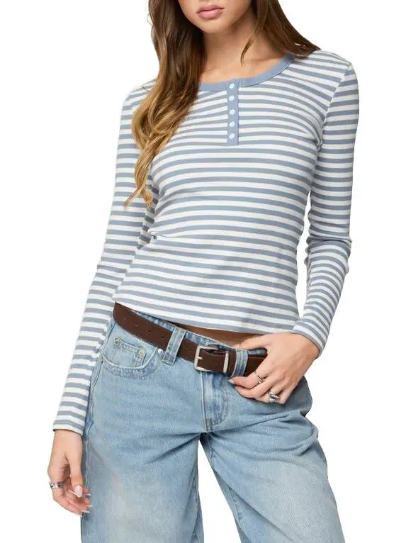 EDIKTED Striped Ribbed Henley Top - Blue