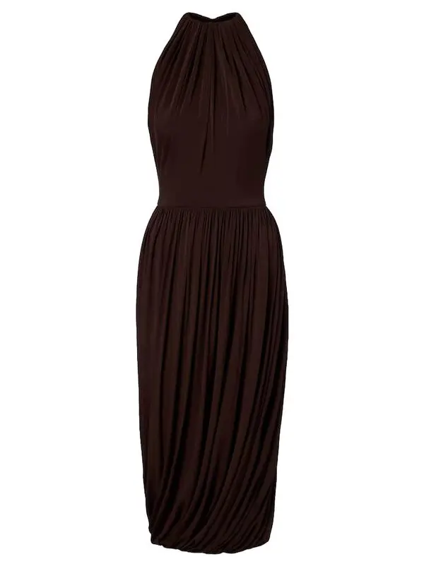 Alaïa Gathered Pleated Halterneck Midi Dress - Brown