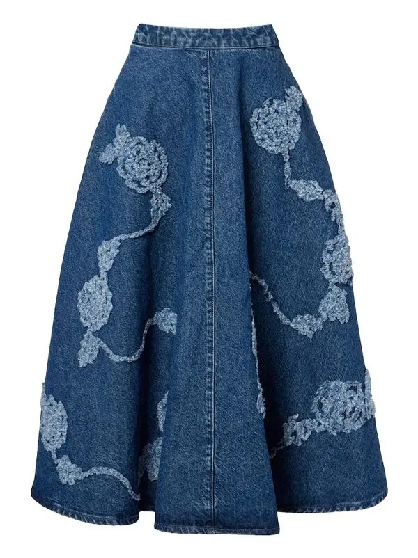 Remain Birger Christensen Berty Embroidered Denim Midi Skirt - Blue