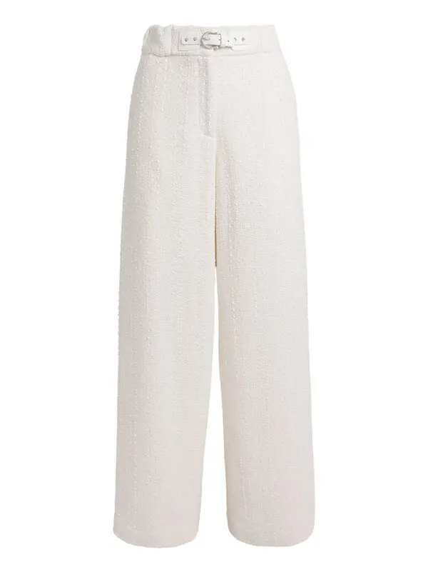 Maje Tweed Belted Wide-leg Trousers - White