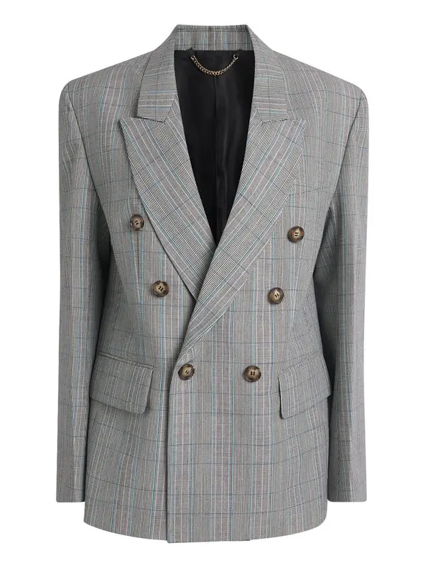 Victoria Beckham Virgin Wool Check Double-breasted Blazer - Grey