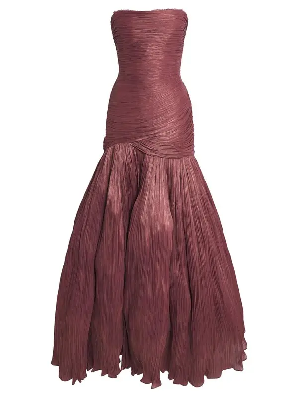 MARMAR HALIM Pleated Claudia Fishtail Gown - Burgundy
