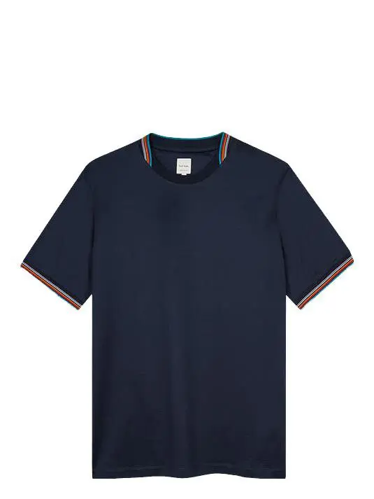 Paul Smith Navy Mercerised Cotton 'signature Stripe' Trim T-shirt - Blue