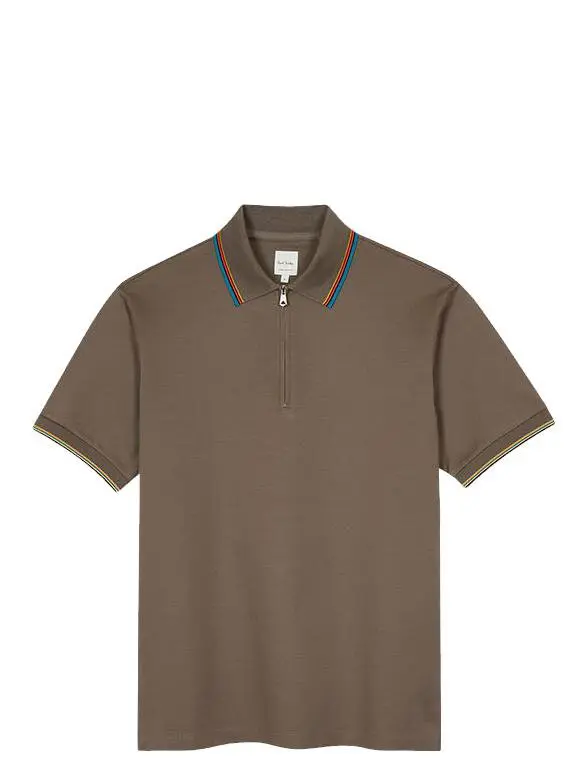Paul Smith Taupe Cotton 'signature Stripe' Trim Zip Polo Shirt - Grey