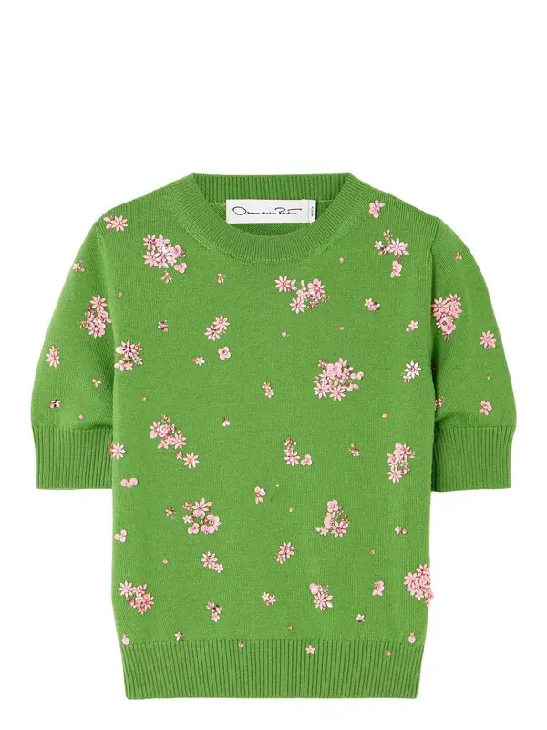 Oscar De La Renta Floral Crystal-embellished Wool Sweater - Green