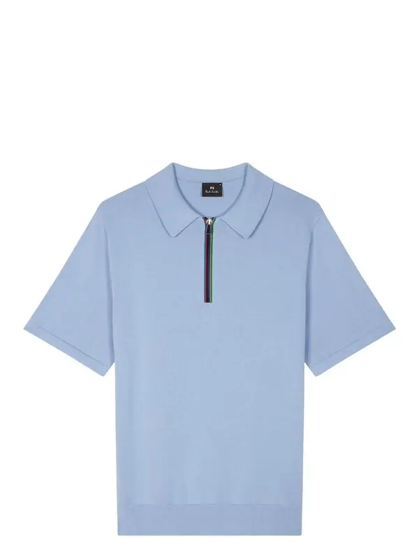 Paul Smith Sky 'sports Stripe' Zip Knitted Cotton Polo Shirt - Blue