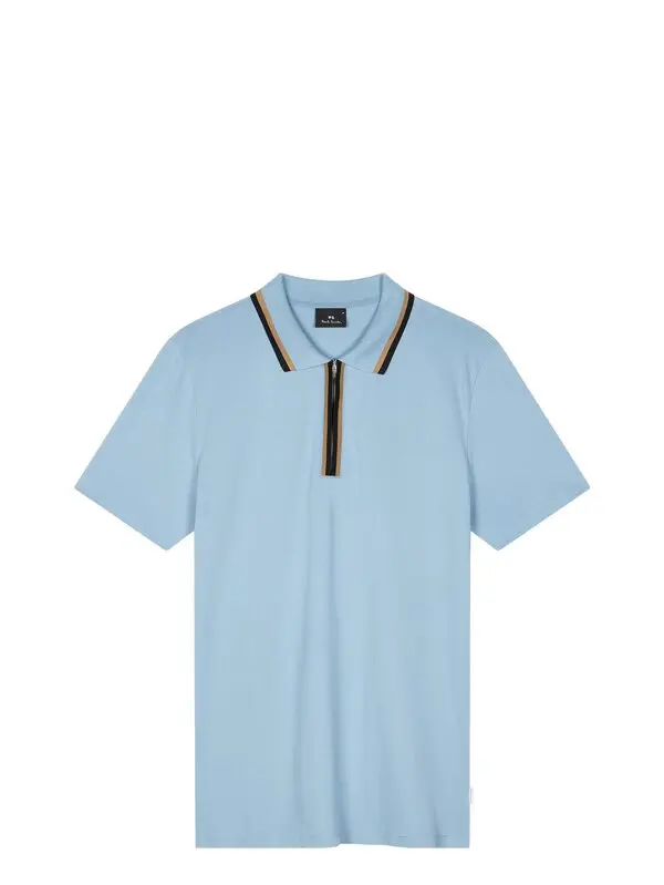 Paul Smith Pale Zip-neck Polo Shirt With Contrast Tipping - Blue