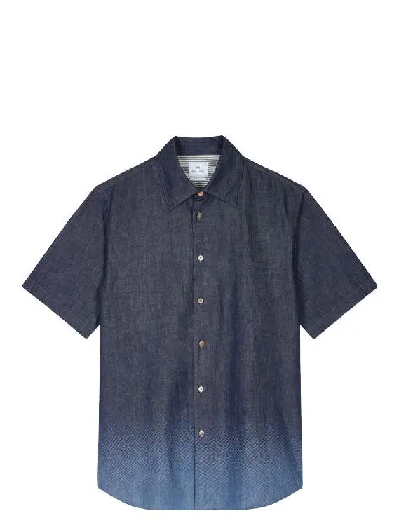 Paul Smith Indigo Rinse Denim Short-sleeve Shirt With Gradient Fade - White