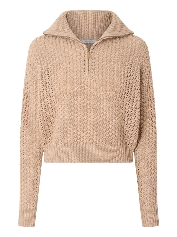 Max Mara Open-knit Metallic Wool-blend Half-zip Sweater - Neutrals
