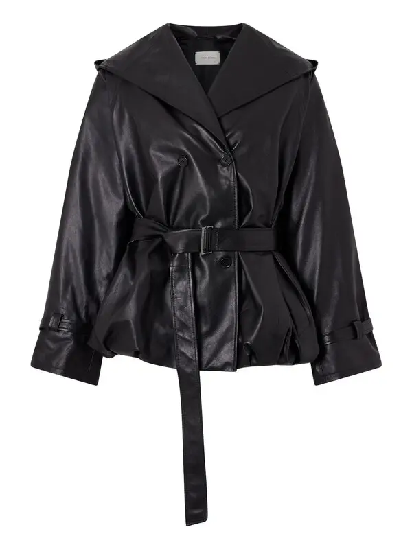 Magda Butrym Double-breasted Belted Hooded Leather Jacket - Black