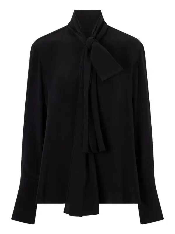Another Tomorrow Pussy-bow Silk Blouse - Black