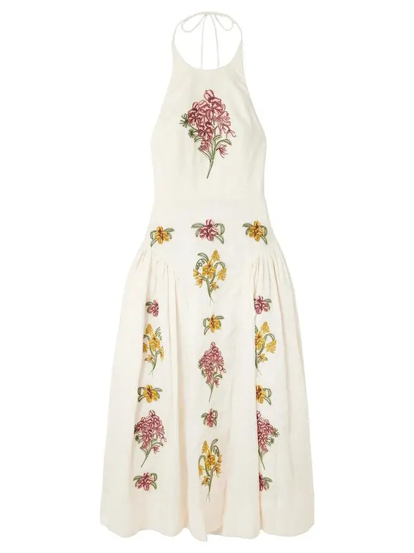 Agua Bendita Balsa Embroidered Linen Halterneck Midi Dress - Neutrals