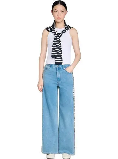 Sandro Faded Straight-leg Rhinestone Jeans - Blue