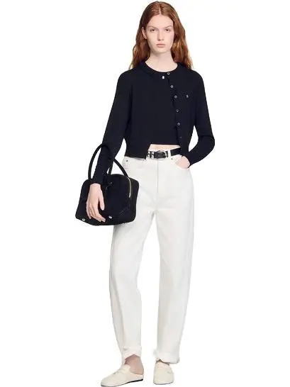 Sandro Cropped Knit Cardigan With Padded Round Neck - Black