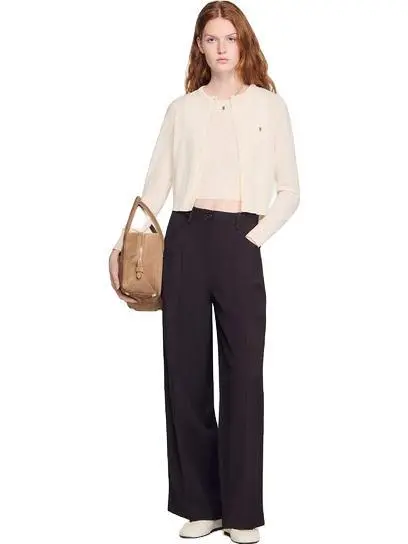 Sandro Cropped Knit Cardigan With Padded Round Neck - Neutral / White
