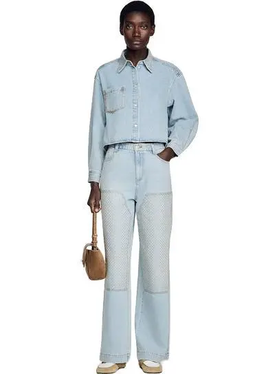 Sandro Faded Straight Crystal Patch Jeans - Stripe / Grey