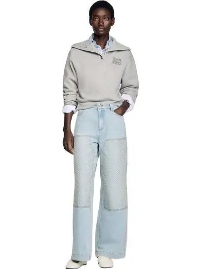 Sandro Rhinestone Embellished Cropped Denim Shirt - Stripe / Grey