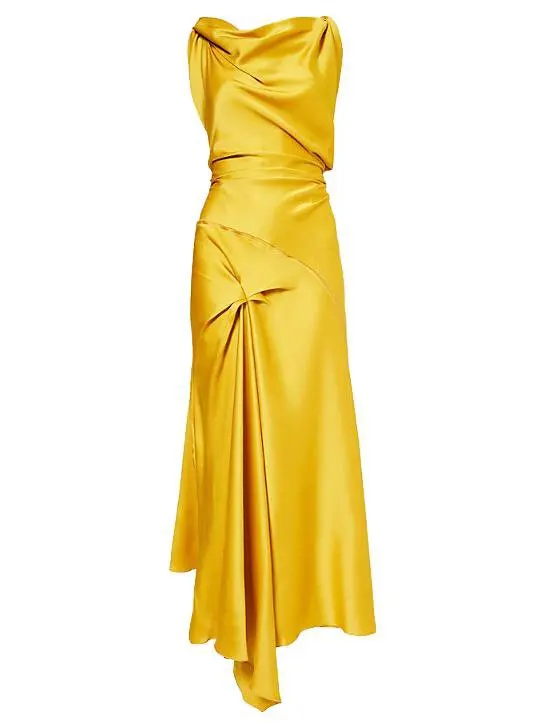 Victoria Beckham Satin Midi Dress With Twisted-shoulder - Sunset Yellow