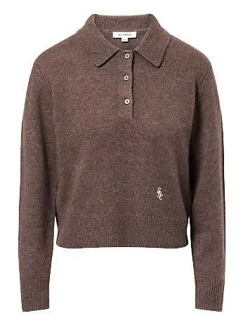 SPORTY & RICH Embroidered Logo Cashmere-and-wool Polo Jumper - Toffee