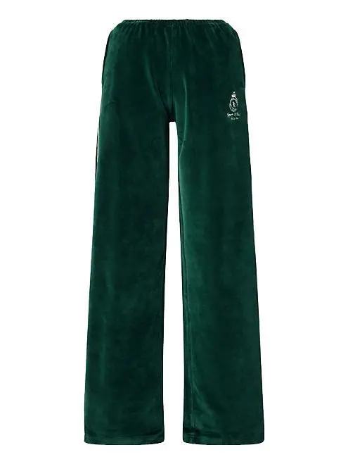 SPORTY & RICH Embroidered Logo Wide-leg Cotton-velour Jogging Bottoms - Forest Ecru