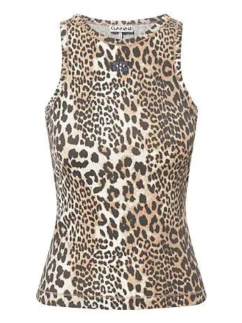 GANNI Round-neck Stretch-cotton Top - Leopard