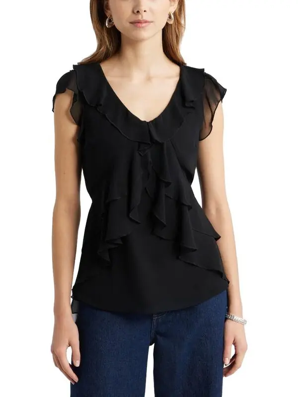 OPEN EDIT Chiffon Ruffle Top - Black