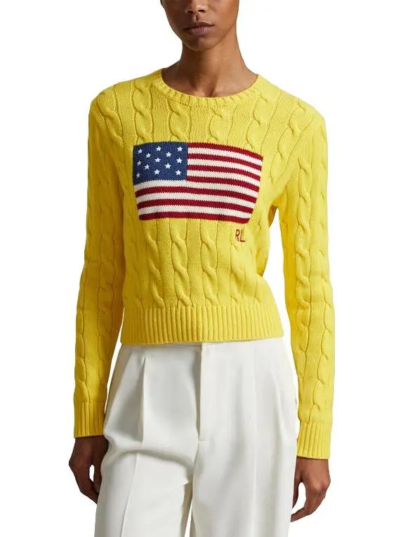 Polo Ralph Lauren Flag Intarsia Cable-stitch Crewneck Sweater - Lemon Crush